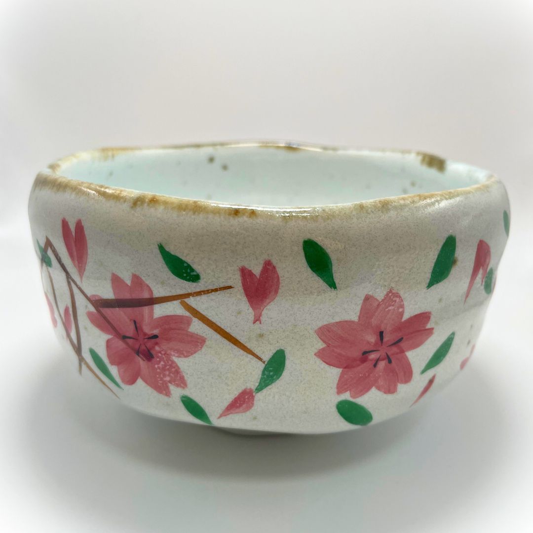 Hand Painted Sakura Matcha Bowl - Handmade Pottery, Made in Japan